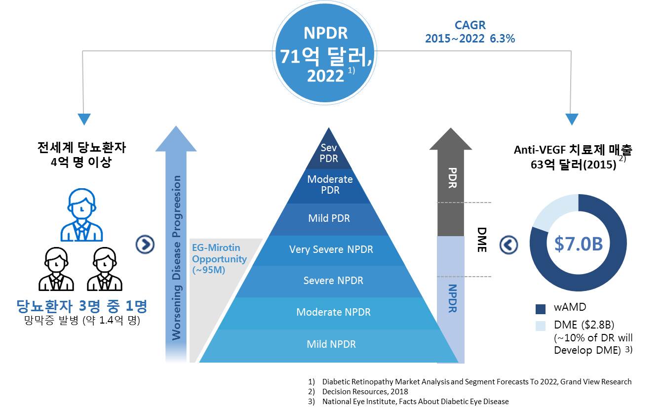 이미지: [ 당뇨망막증(DR)과 황반변성(wAMD)와 시장규모 비교 ]